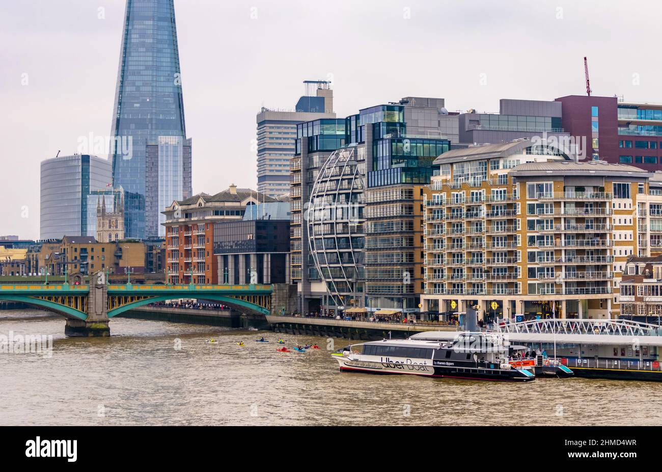 Thames River through London. with views of the Shard, Shakespeare ...