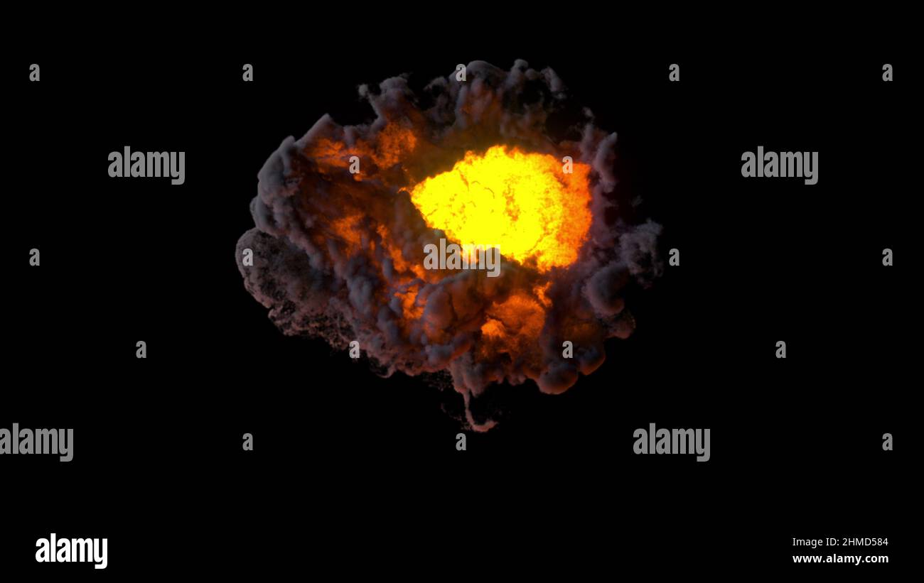 Detonation with powerful 3d render of energy release and smoky clouds ...