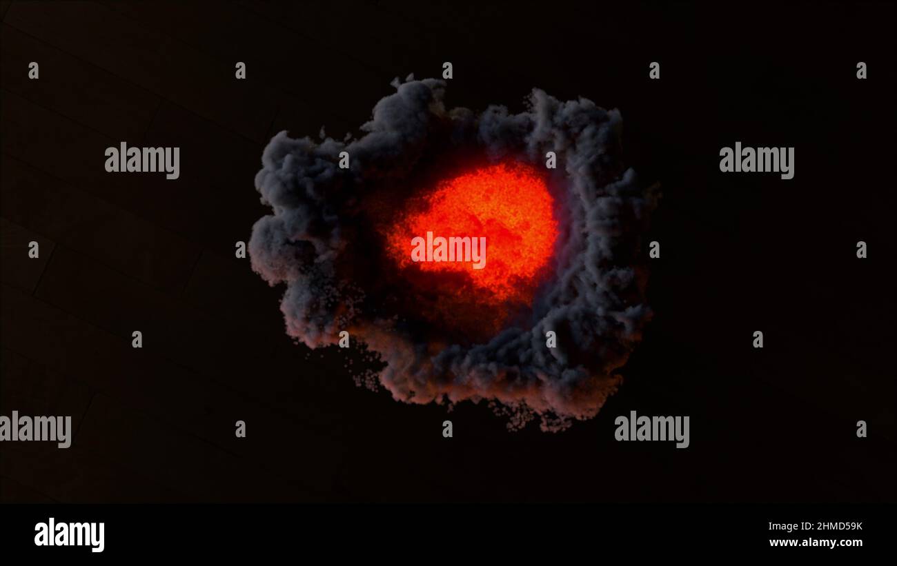 Detonation with powerful 3d render of energy release and smoky clouds ...