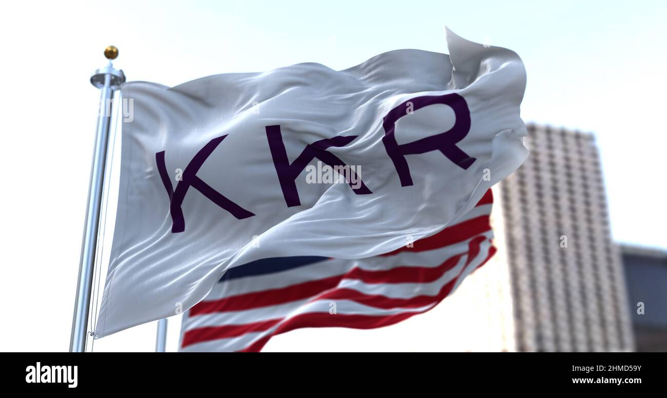 New York, USA, November 2021: The flag With KKR logo waving in the wind ...
