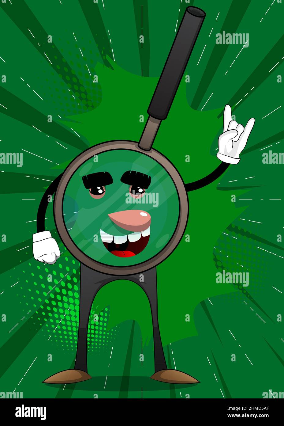 Magnifier with hands in rocker pose. Cartoon Character science research ...