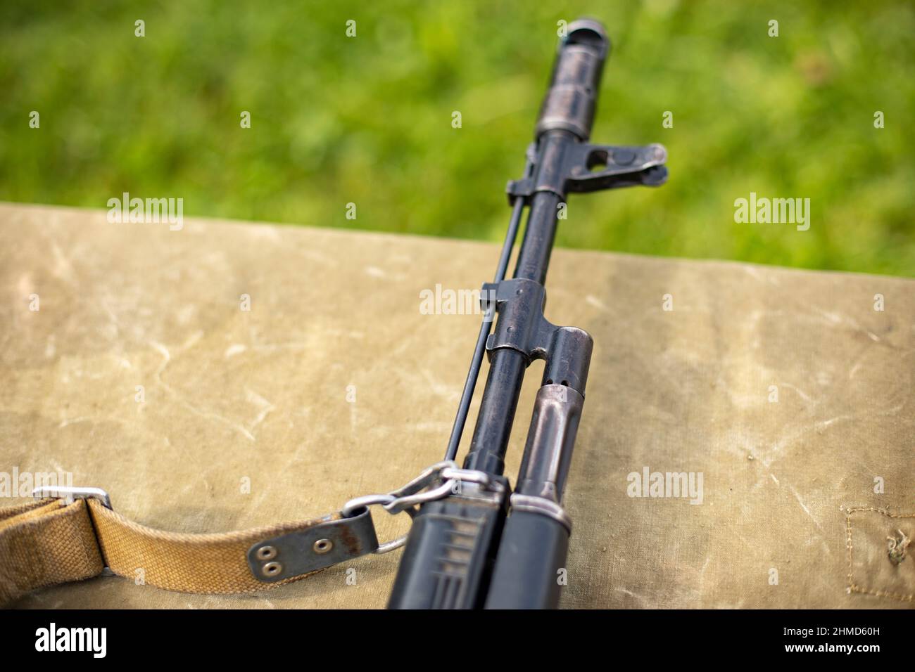 Automatic weapon parts. Barrel of machine gun. Training weapon is on ...