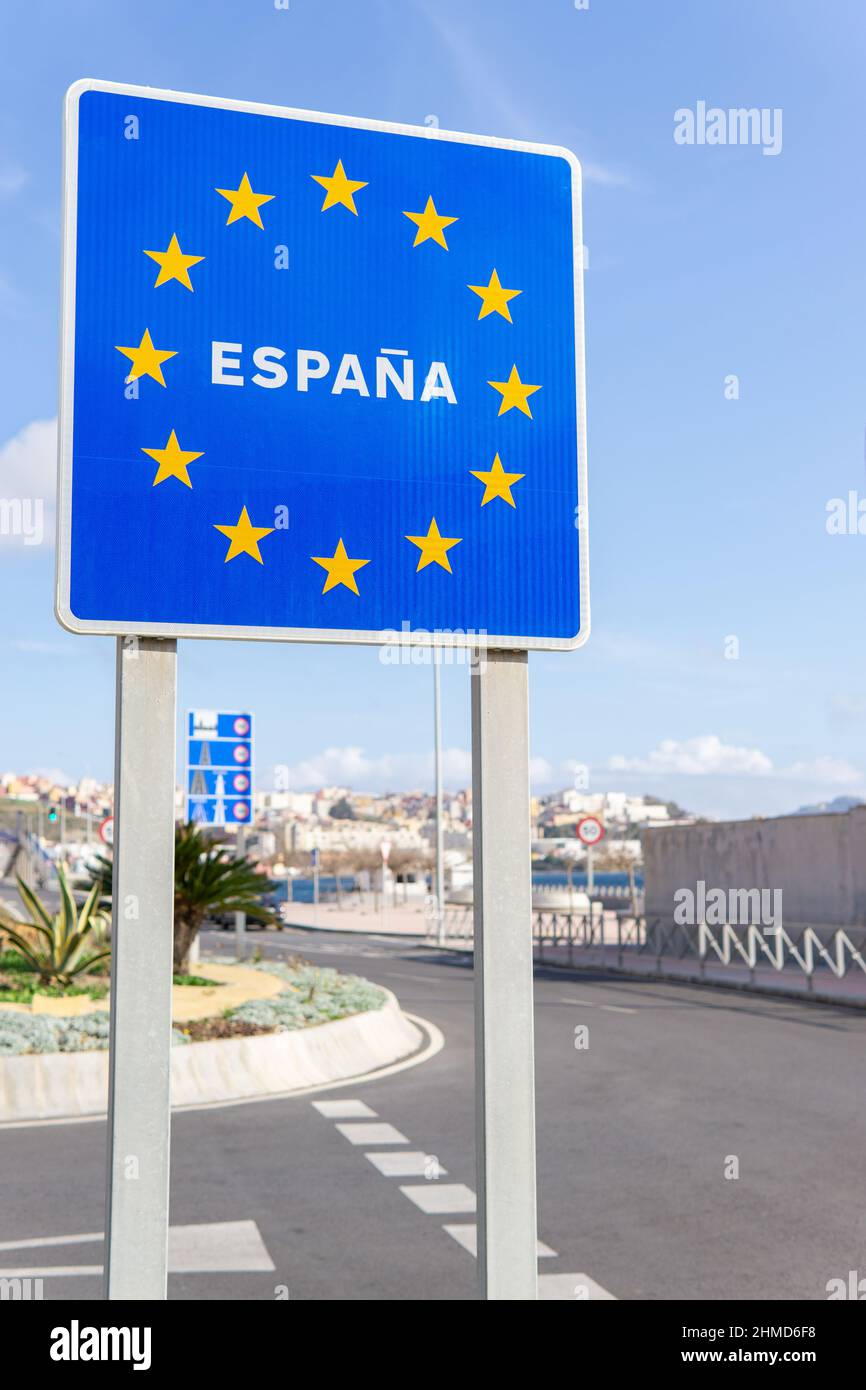 Sign at the border of Spain, European Union, vertical shot Stock Photo ...