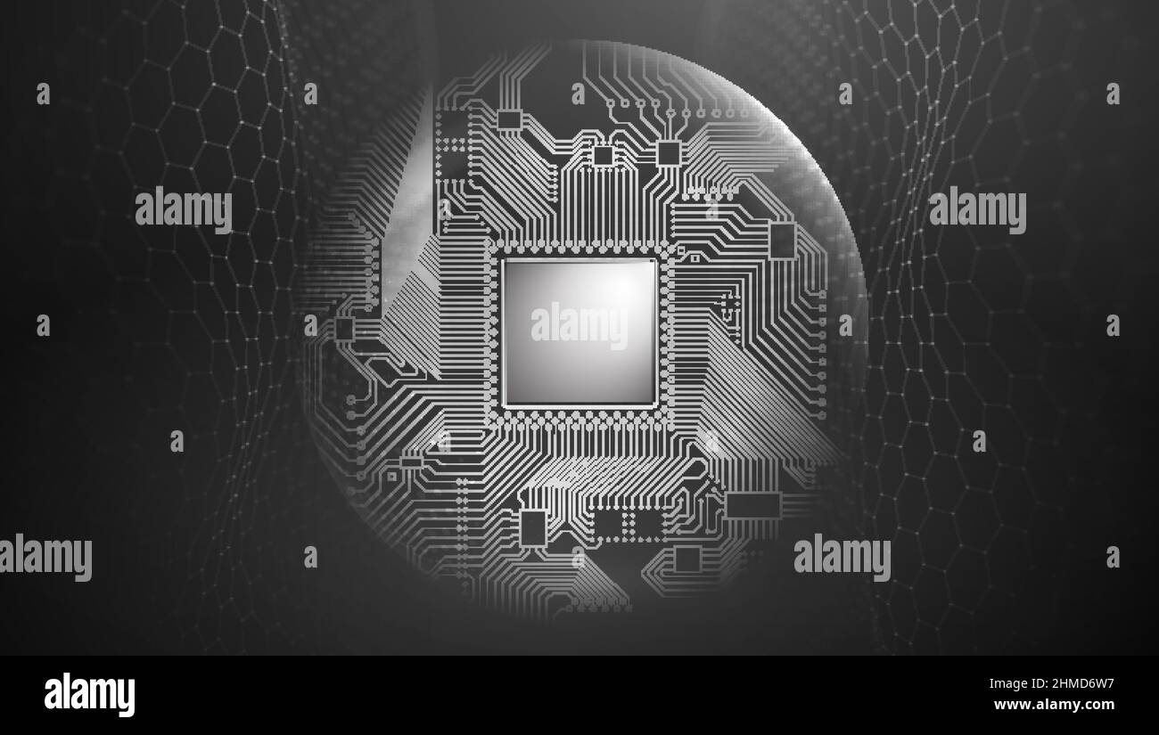 Microchip with circuit in sphere shield. Data processing. Big Data and ...