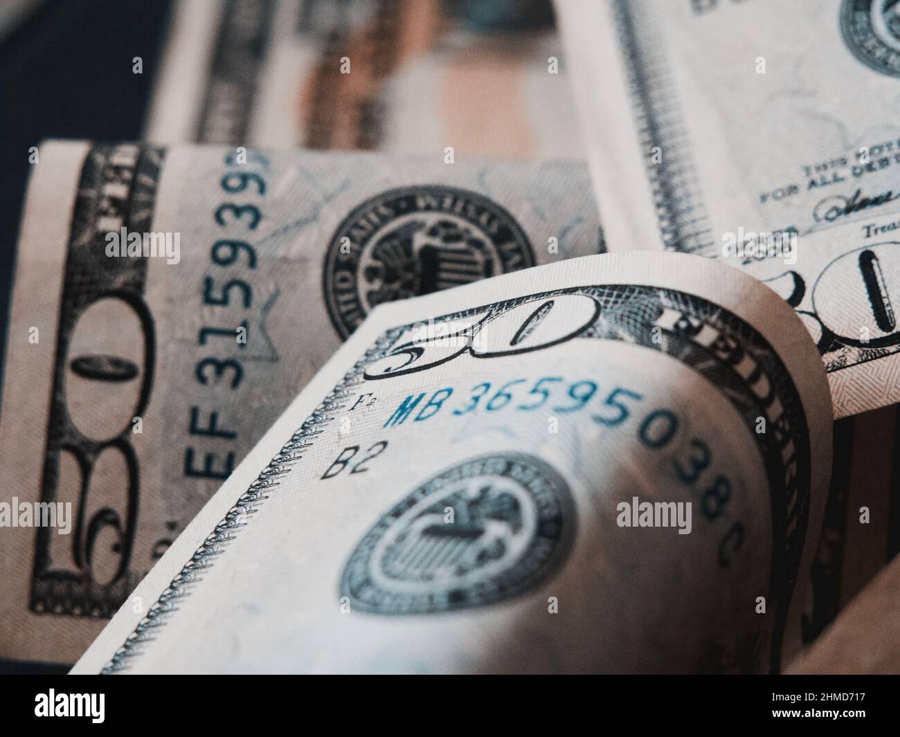 Banknotes with a face value of 50 dollars close-up. American paper ...