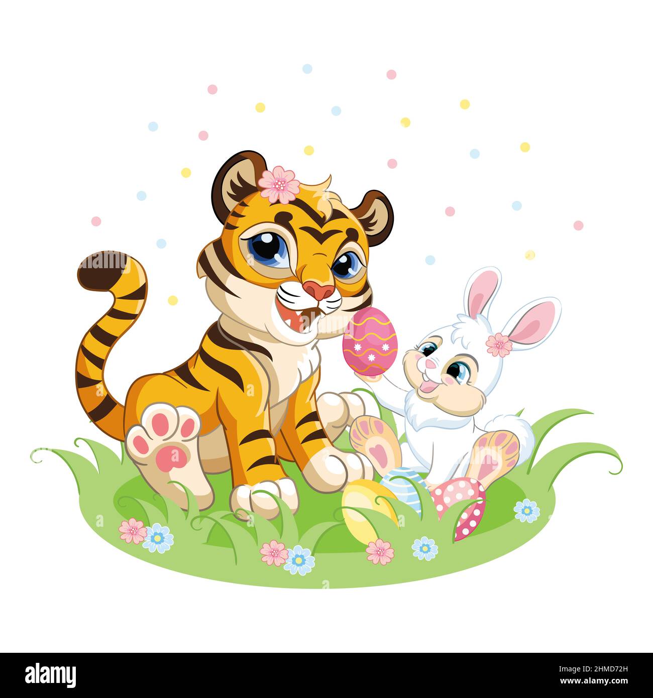 Cute cartoon character tiger cub with Easter bunny and easter egg ...