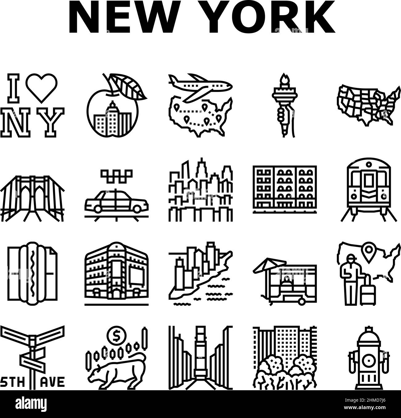 New York American City Landmarks Icons Set Vector Stock Vector Image ...