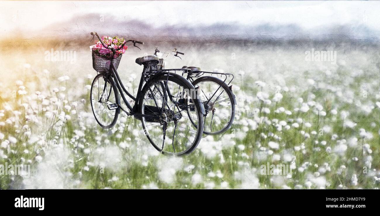 Watercolor hand-drawn spring landscape with bicycle Stock Photo - Alamy
