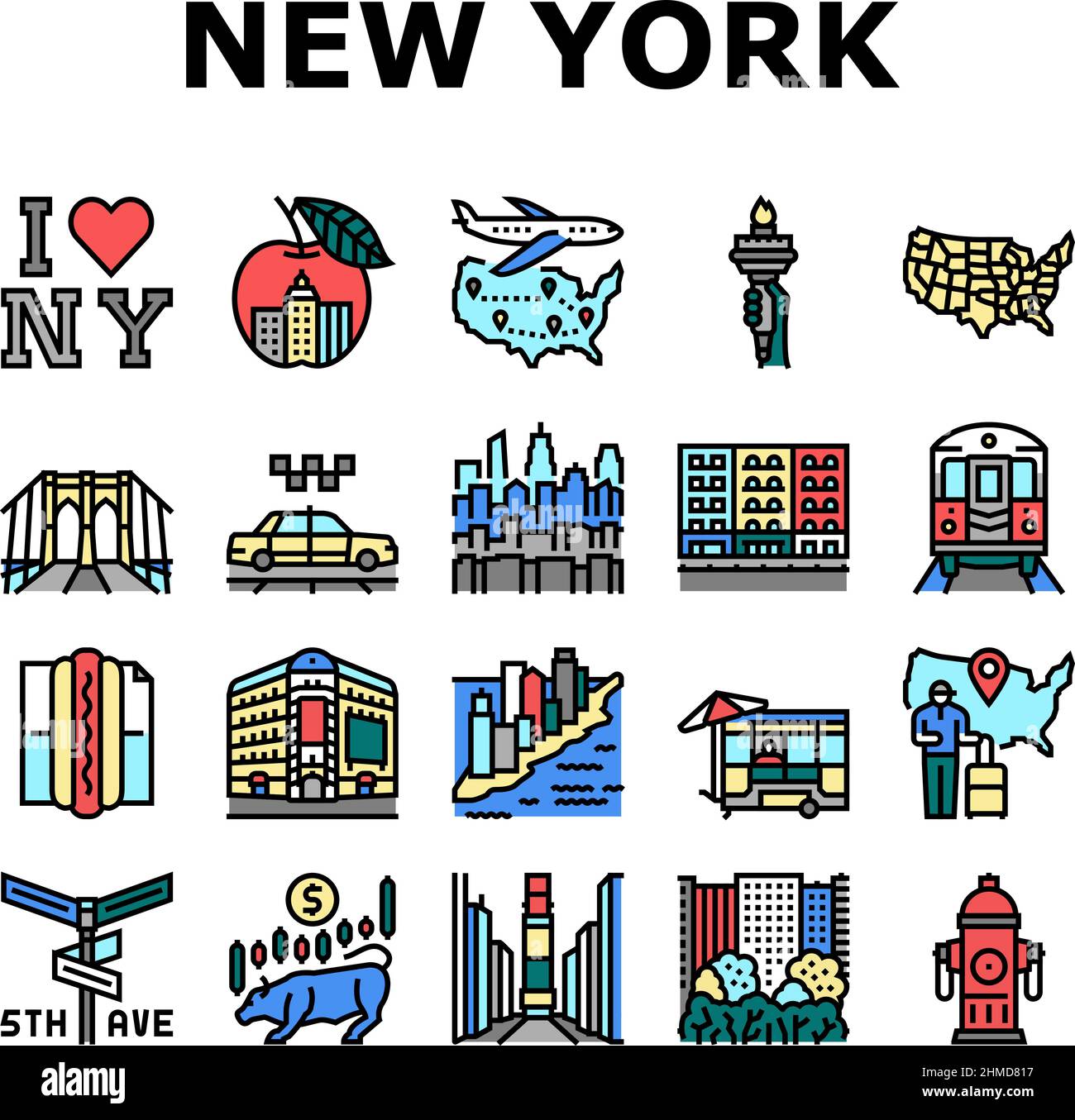 New York American City Landmarks Icons Set Vector Stock Vector Image ...