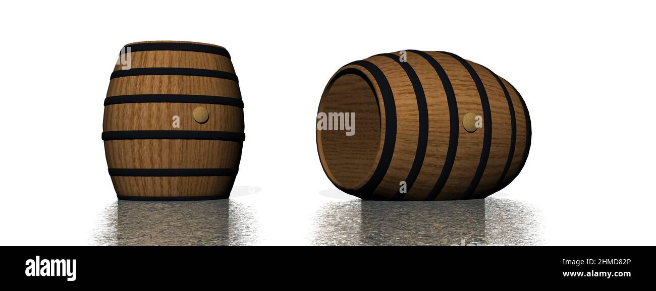 Two wooden antique brown barrel - 3D render Stock Photo - Alamy