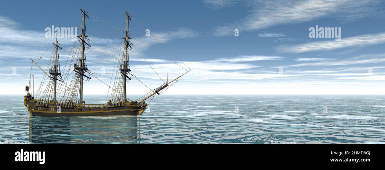 One Licorne ship on the water - 3D render Stock Photo - Alamy