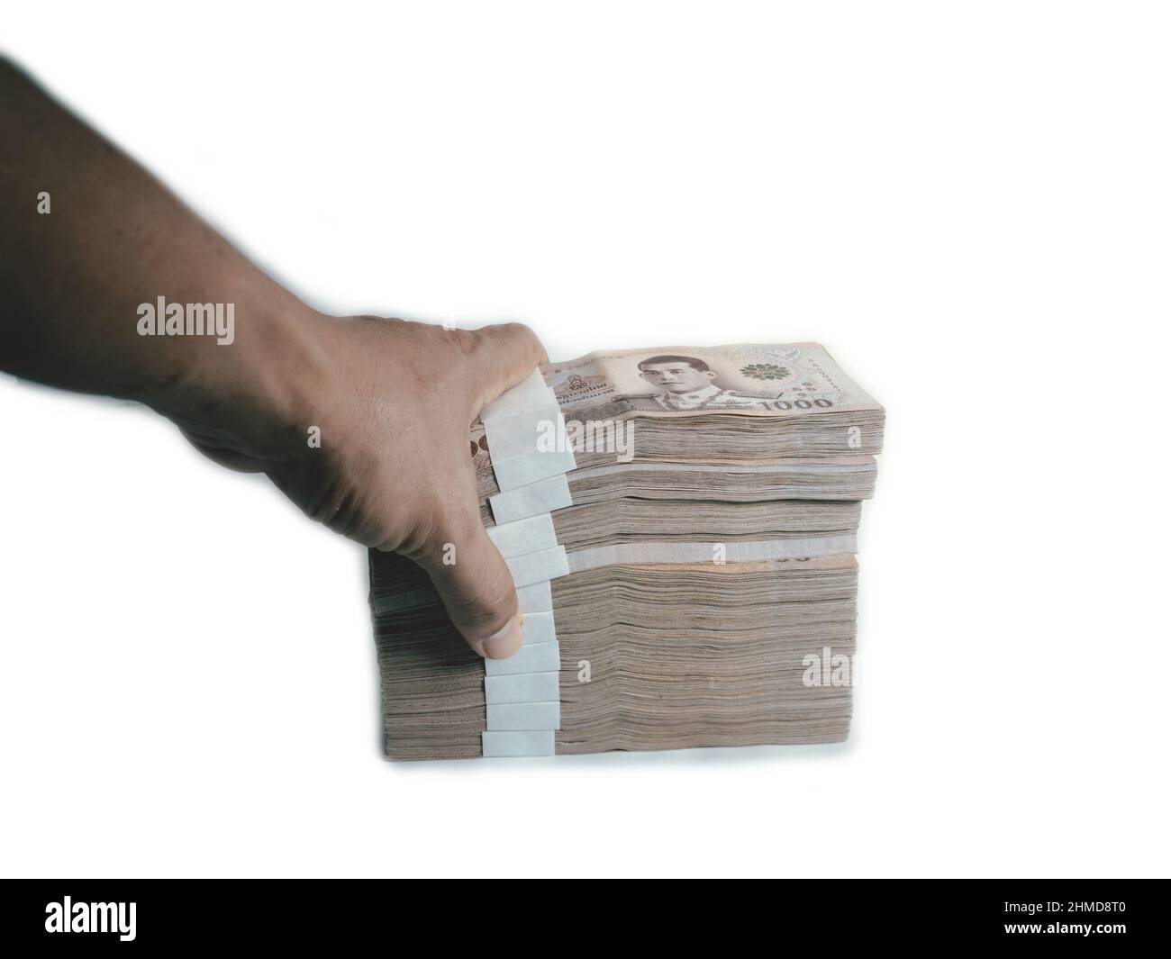 Man's hand holding a 1000 baht banknote stacked together Total amount ...