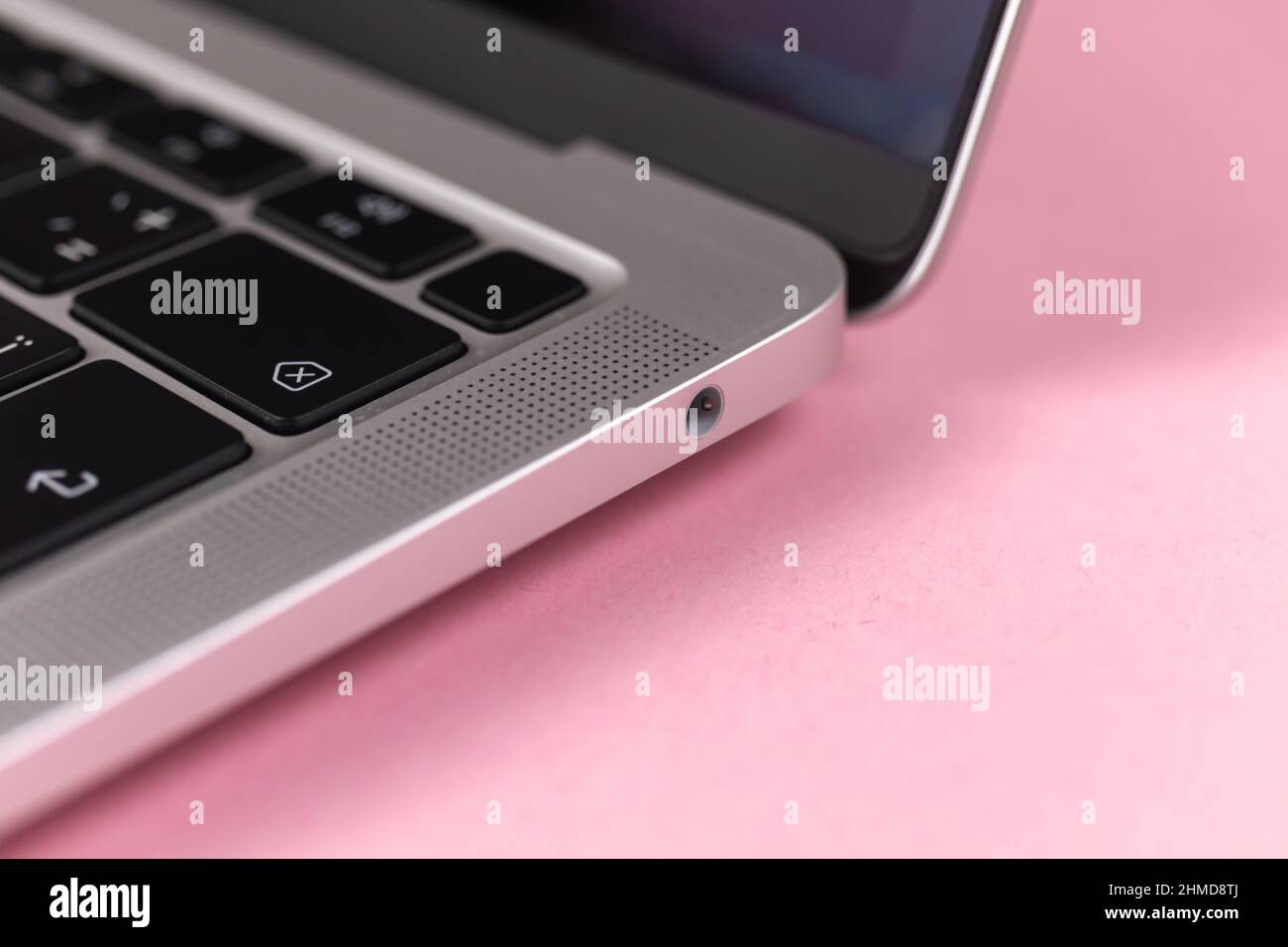 Laptop headphone jack close-up. Modern 3.5mm jack connection ...