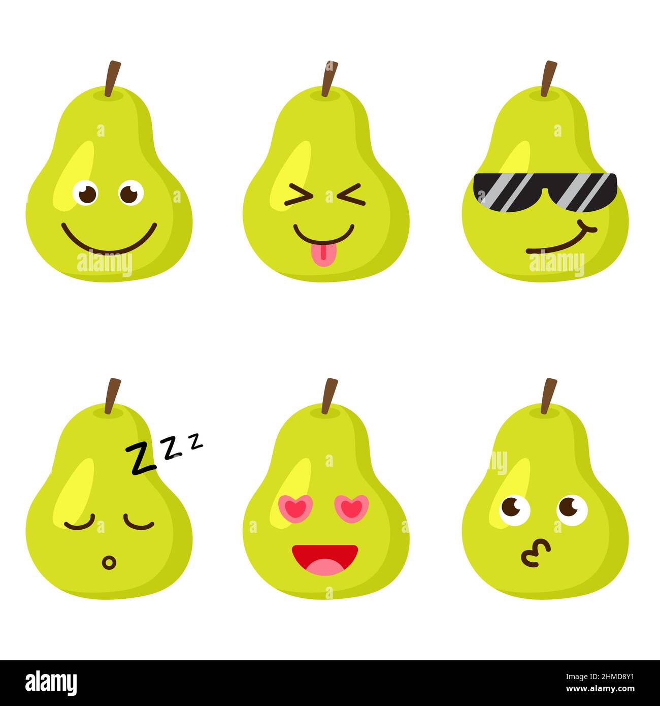Set of pear emojis. Kawaii style icons, fruit characters. Vector ...
