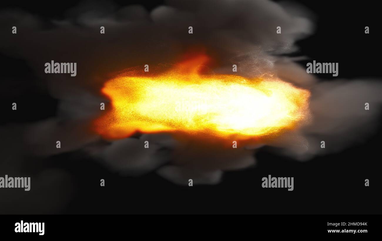 Bright flash with 3d render puffs of thick fog. Powerful explosion with ...