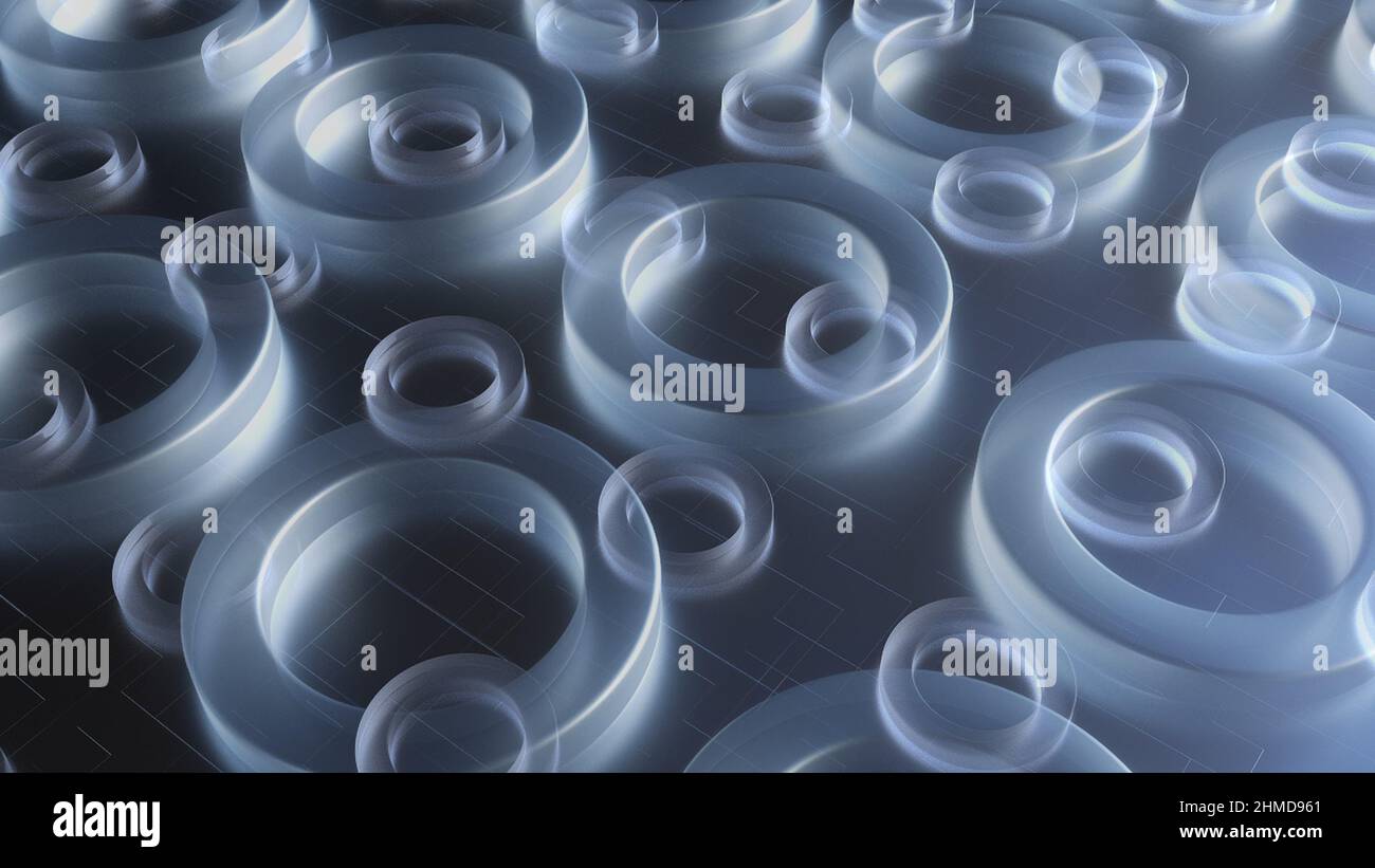 Round matte shapes lying on 3d render floor with digital abstract lines ...