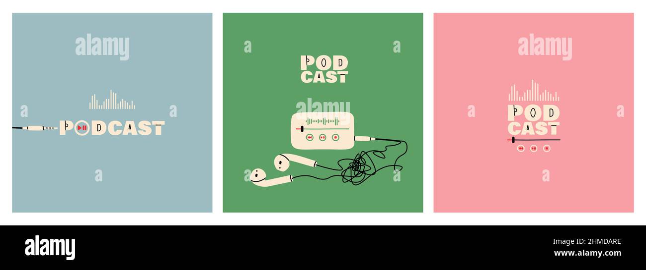 Podcast cover set. Music player buttons with equalizer and play track ...