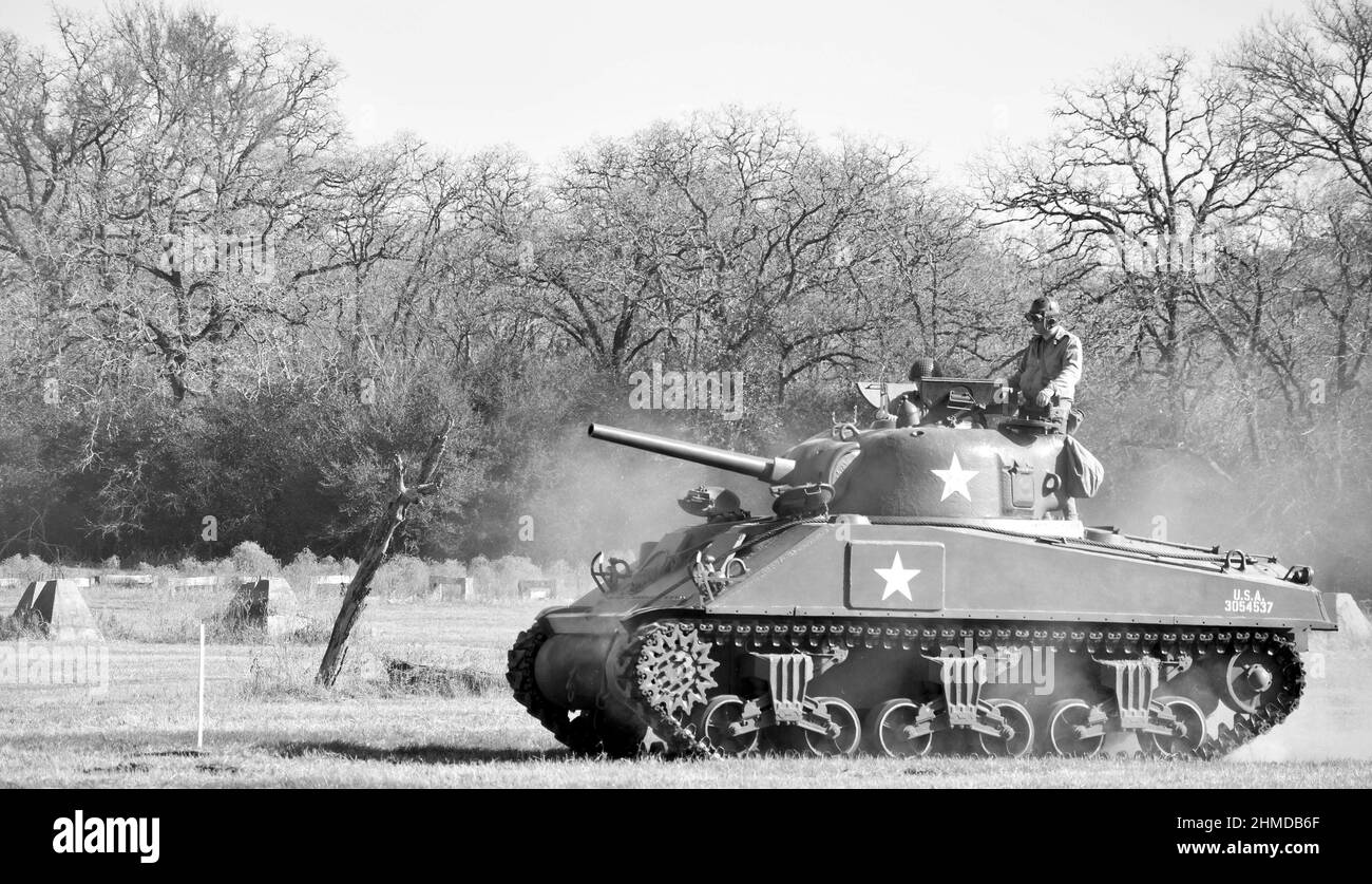 World War II M-4 Sherman tank, commander in hatch in black and white ...