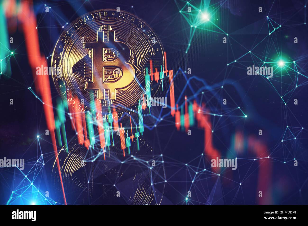 Gold bitcoins with Candle stick graph chart and digital background ...
