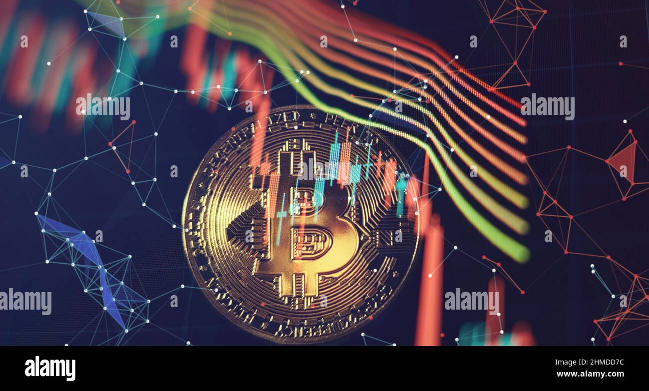 Gold bitcoins with Candle stick graph chart and digital background ...