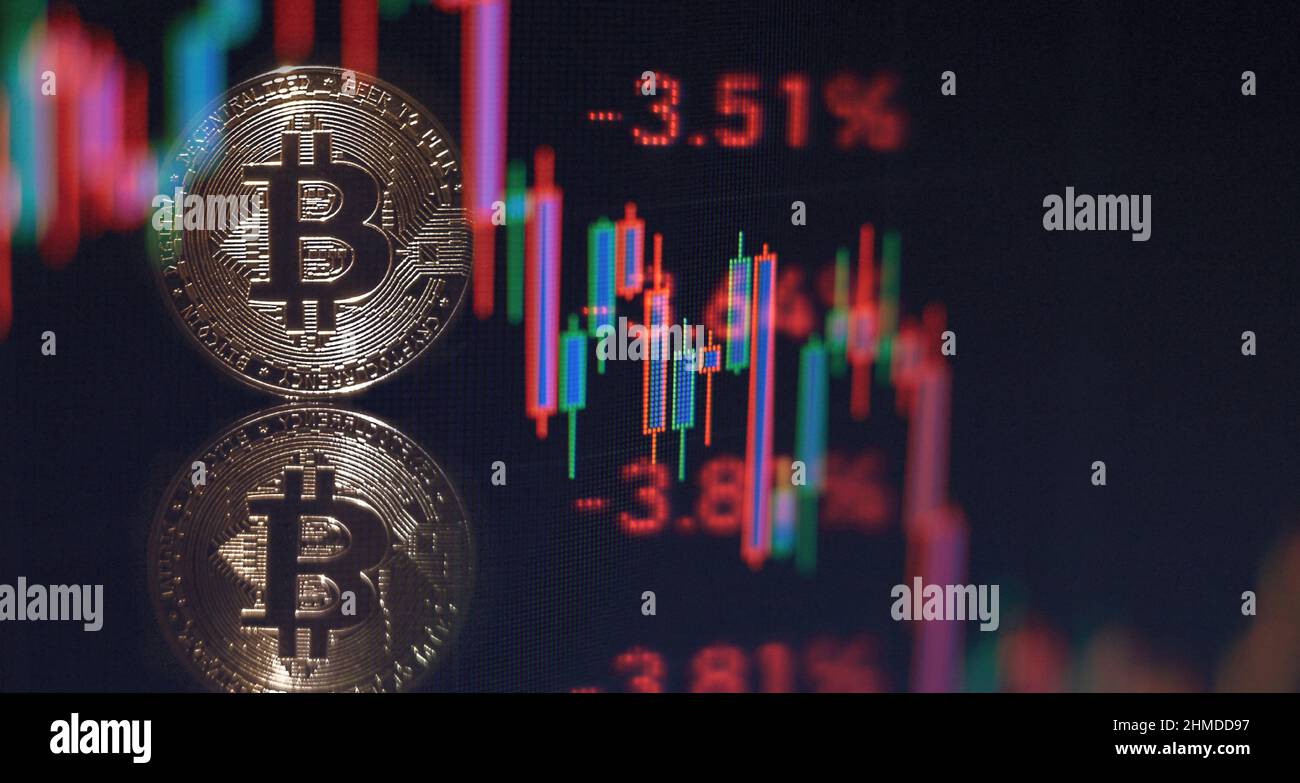 Gold bitcoins with Candle stick graph chart and digital background ...