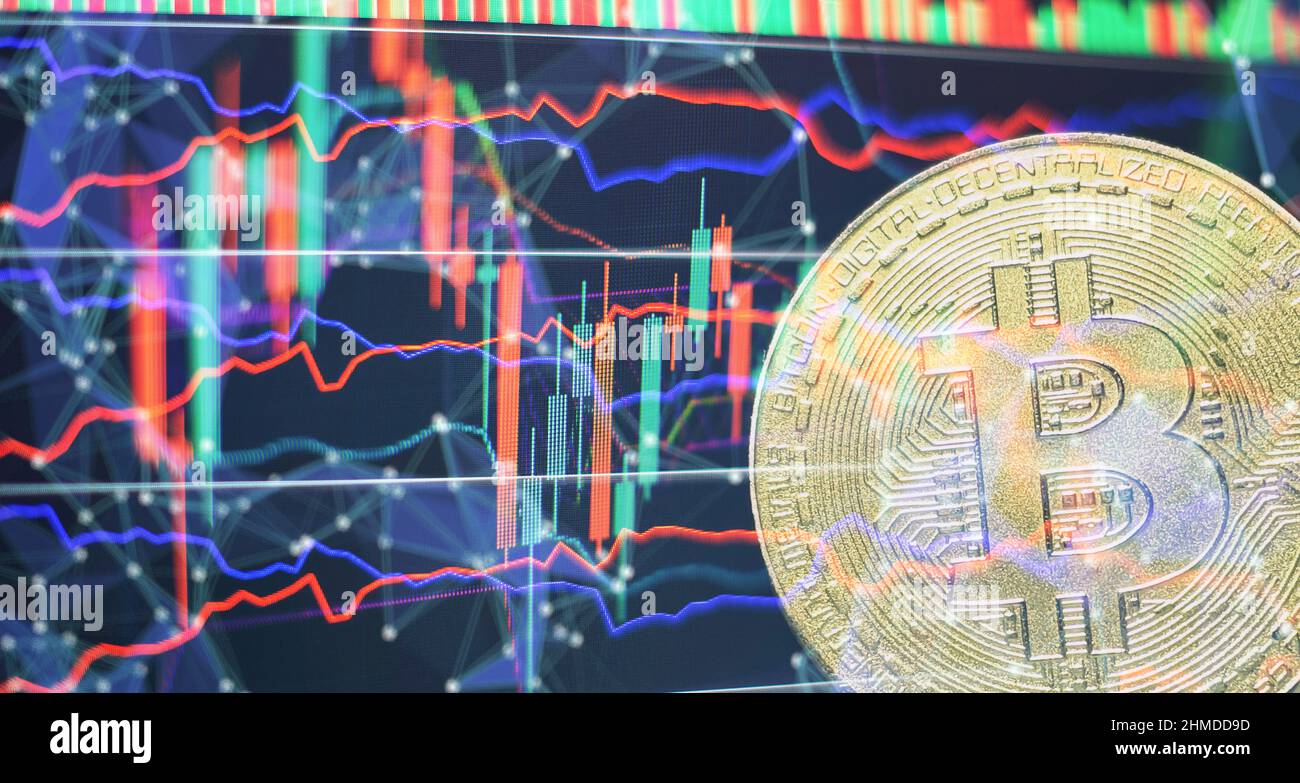 Gold bitcoins with Candle stick graph chart and digital background ...