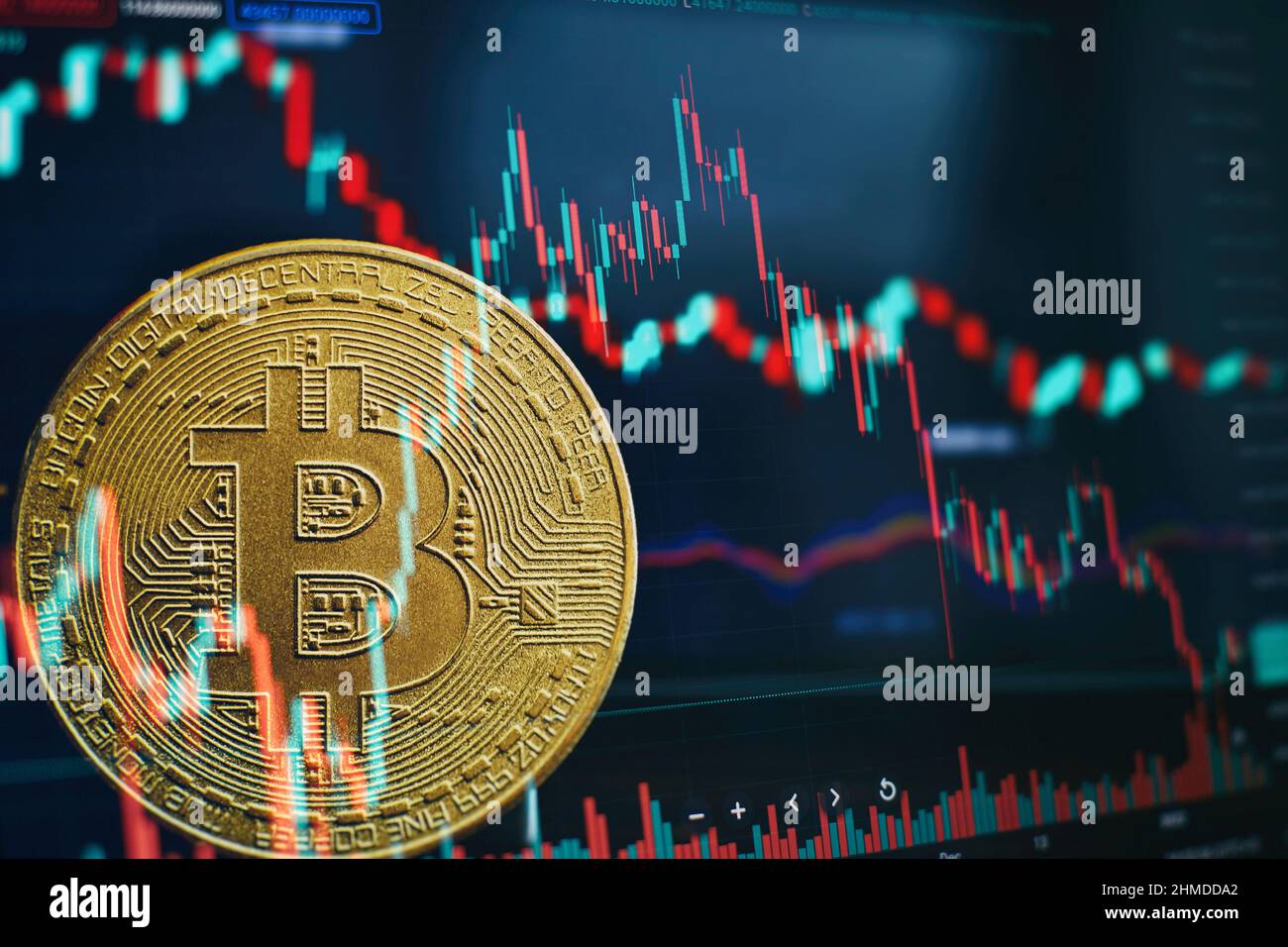 Gold bitcoins with Candle stick graph chart and digital background ...