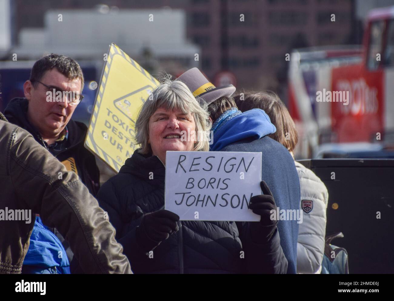 London, UK. 9th February 2022. A protester in Parliament Square ...