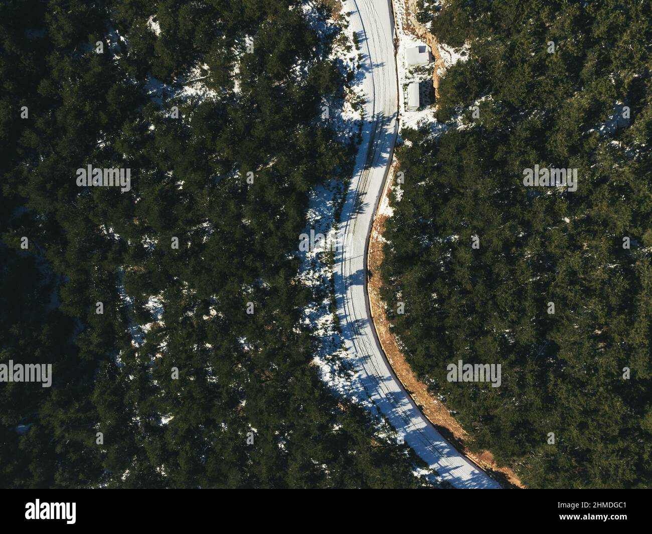 Top view of a bending and snowy road among pine trees Stock Photo - Alamy