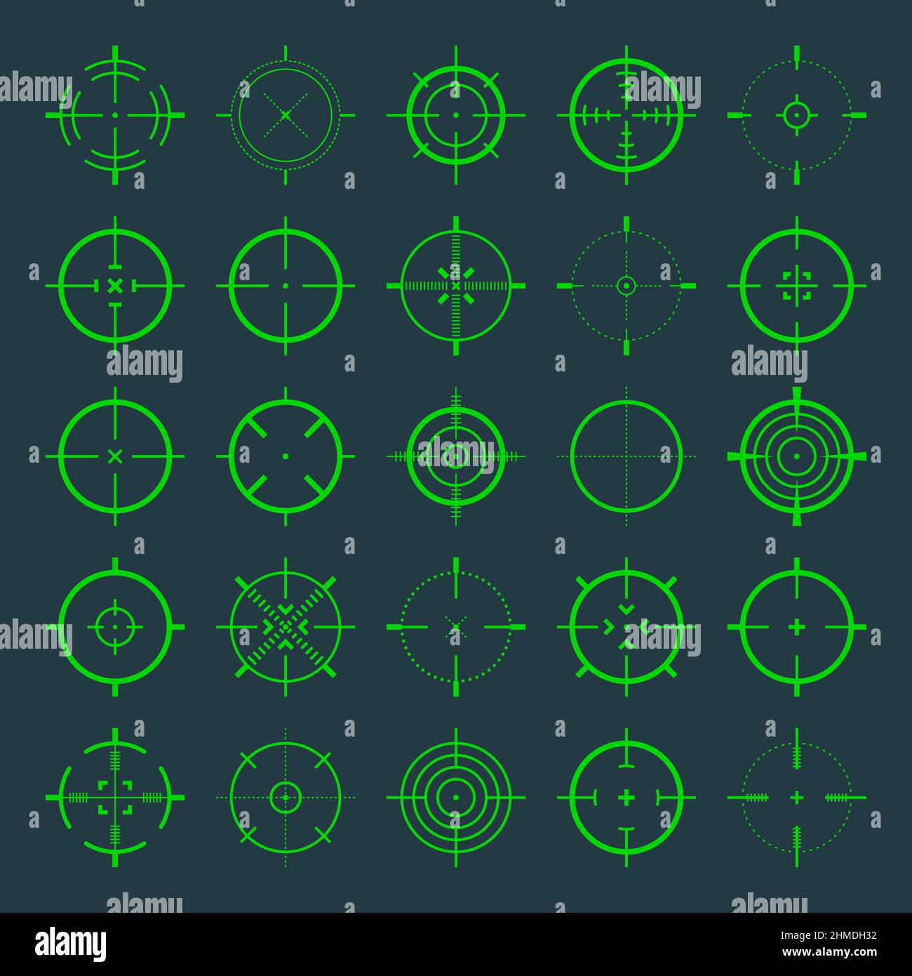 Crosshair, gun sight vector icons. Bullseye, green target or aim symbol ...