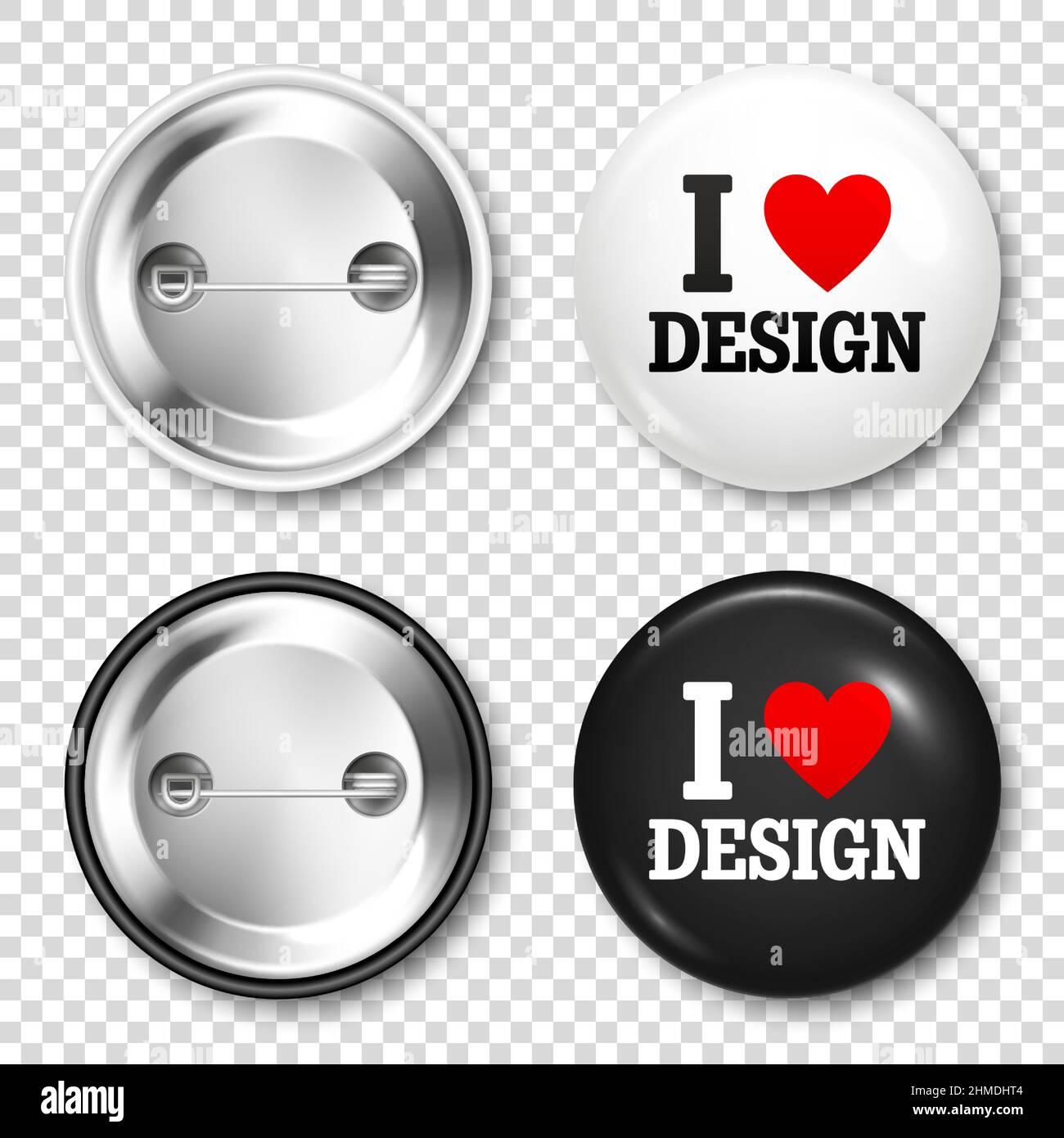 Realistic white and black badges with text and red heart. I love design ...