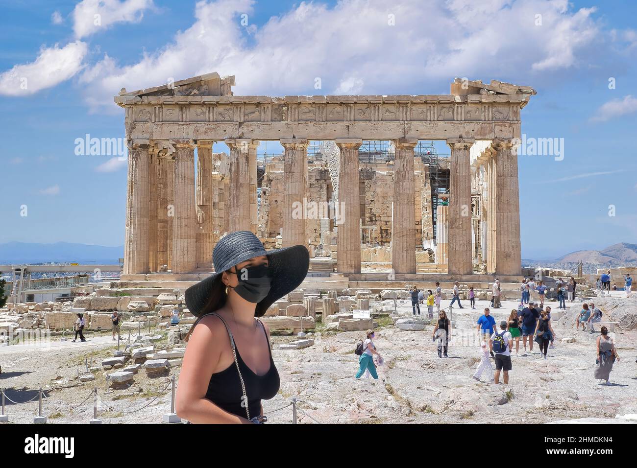 Parthenon, Acropolis of Athens .Beautiful girl wearing a hat in the ...