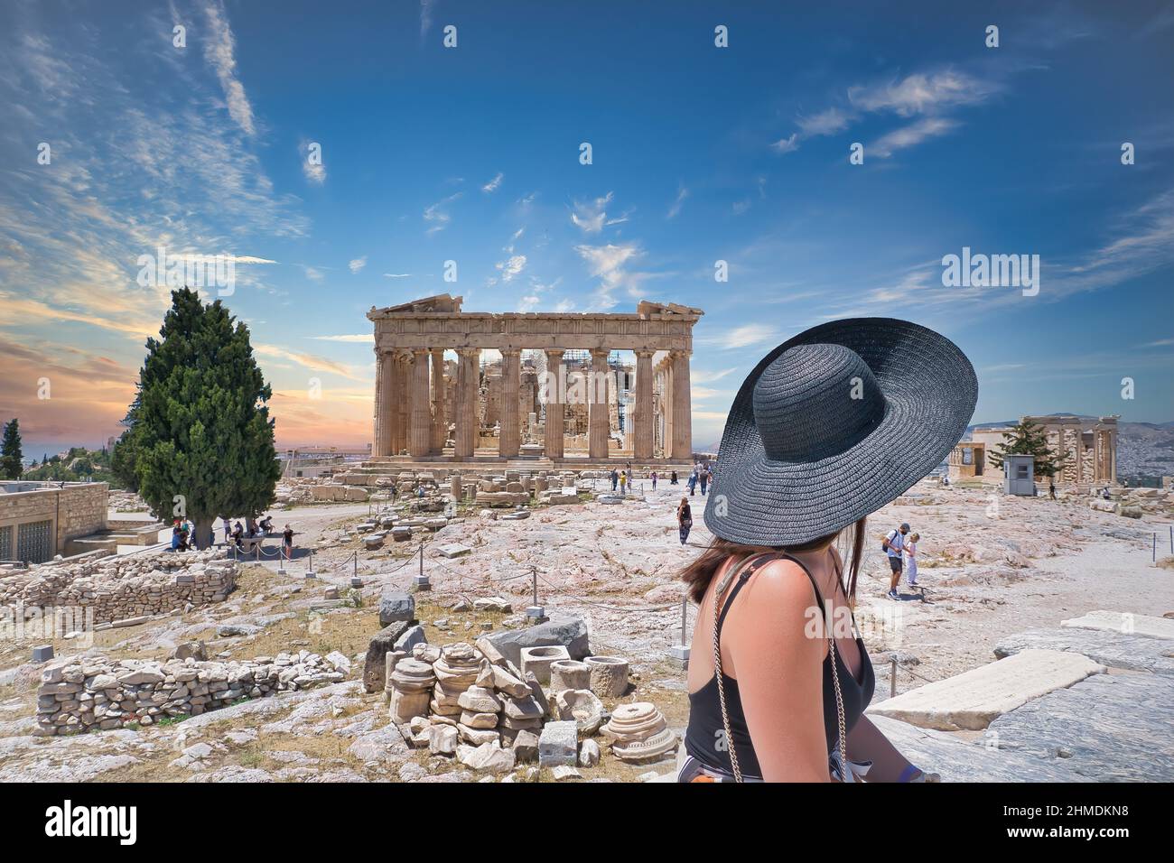 Parthenon, Acropolis of Athens .Beautiful girl wearing a hat in the ...