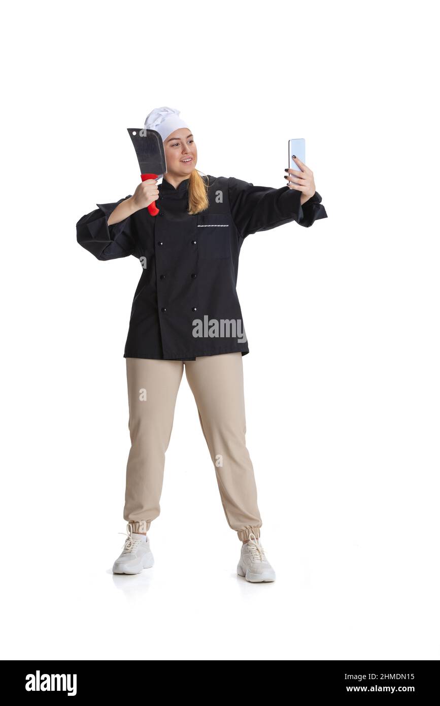 Happy Beautiful Young Woman Lady Cook Chef In Black Uniform Isolated