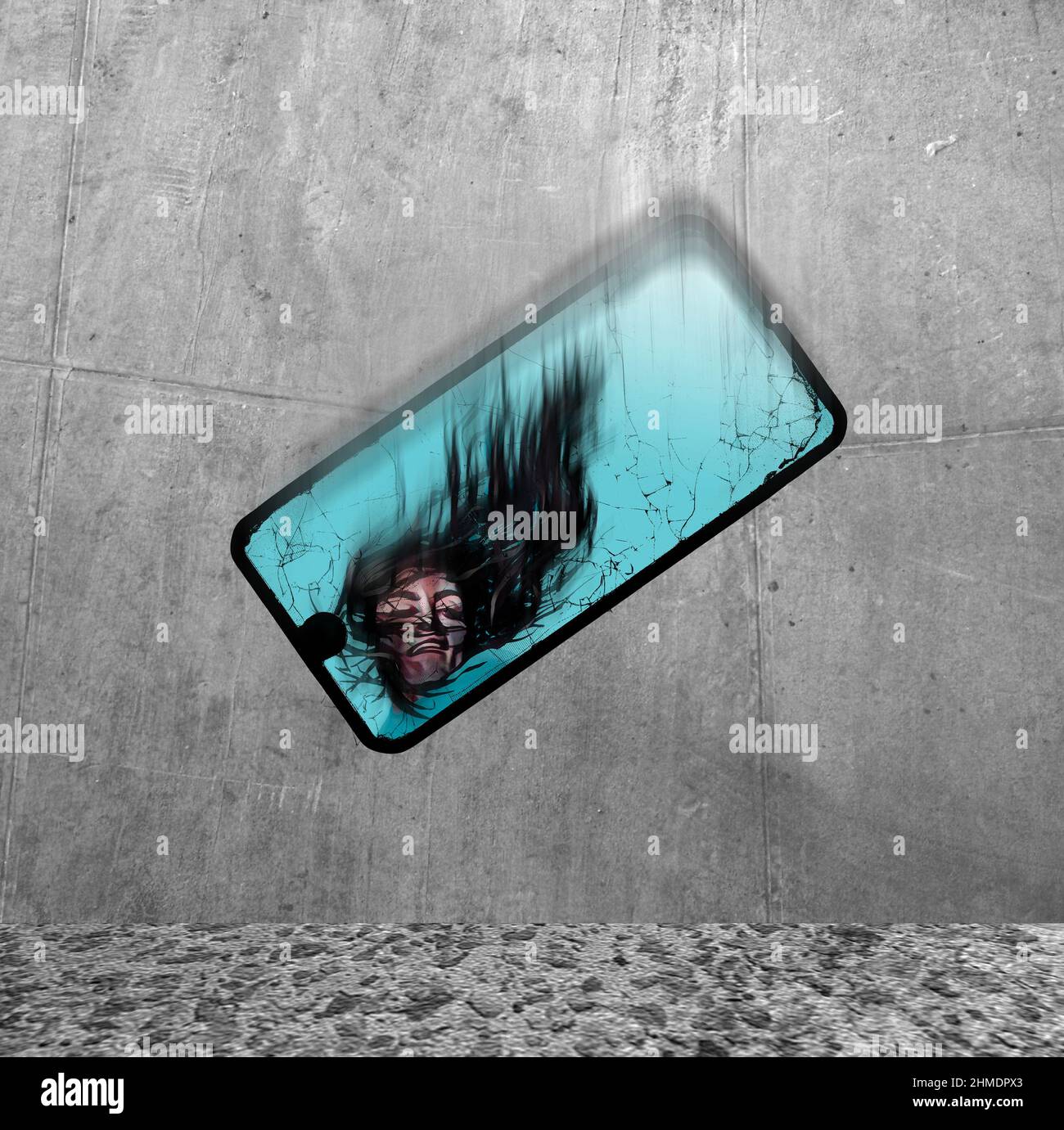 A cell phone is seen dropping onto concrete with a picture of a female ...
