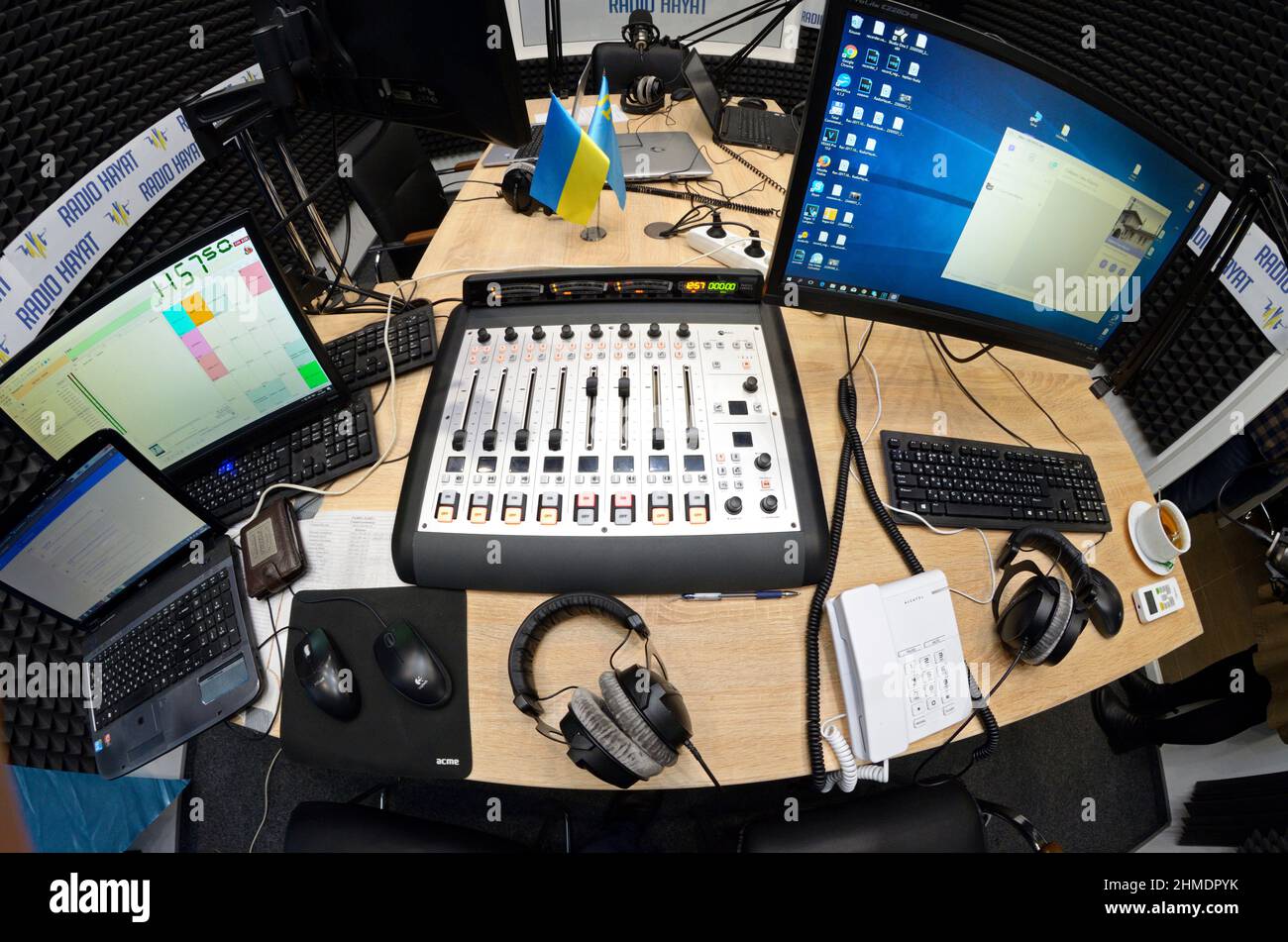 Interior of a radio studio with equipment set for broadcasting. Radio ...
