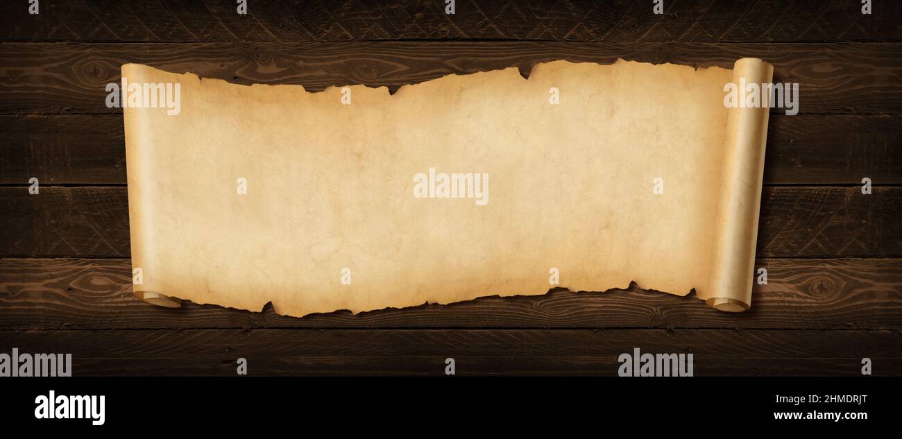 Old paper horizontal banner. Parchment scroll on a wood board ...