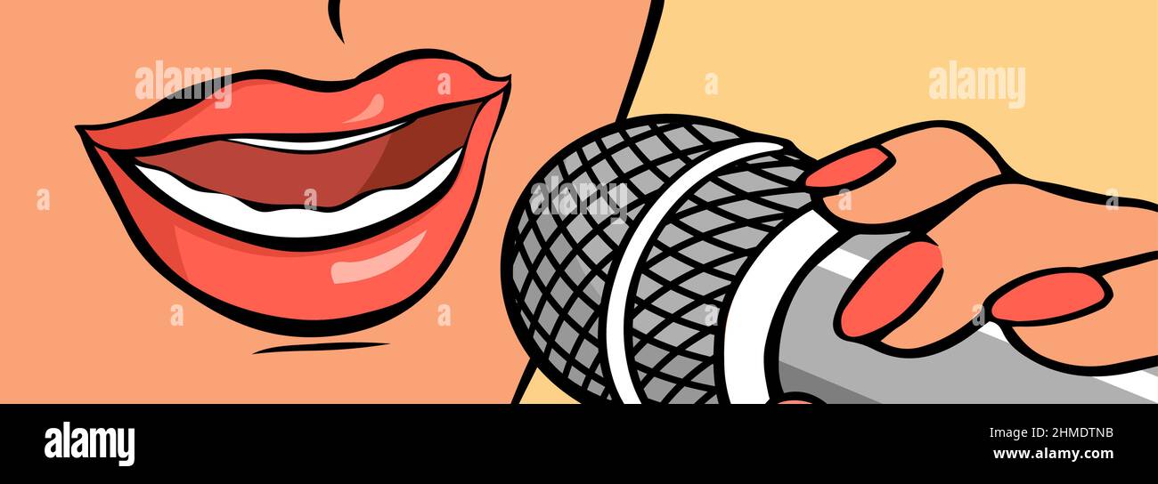 A beautiful girl sings or speaks into a microphone. Face and mouth ...