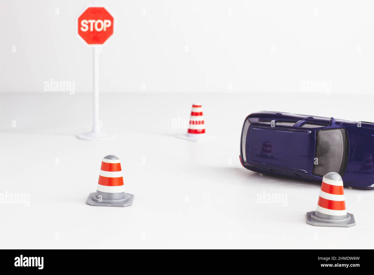 Crash. Signs and cones on the road. Guardrail on the roadway. Driving ...