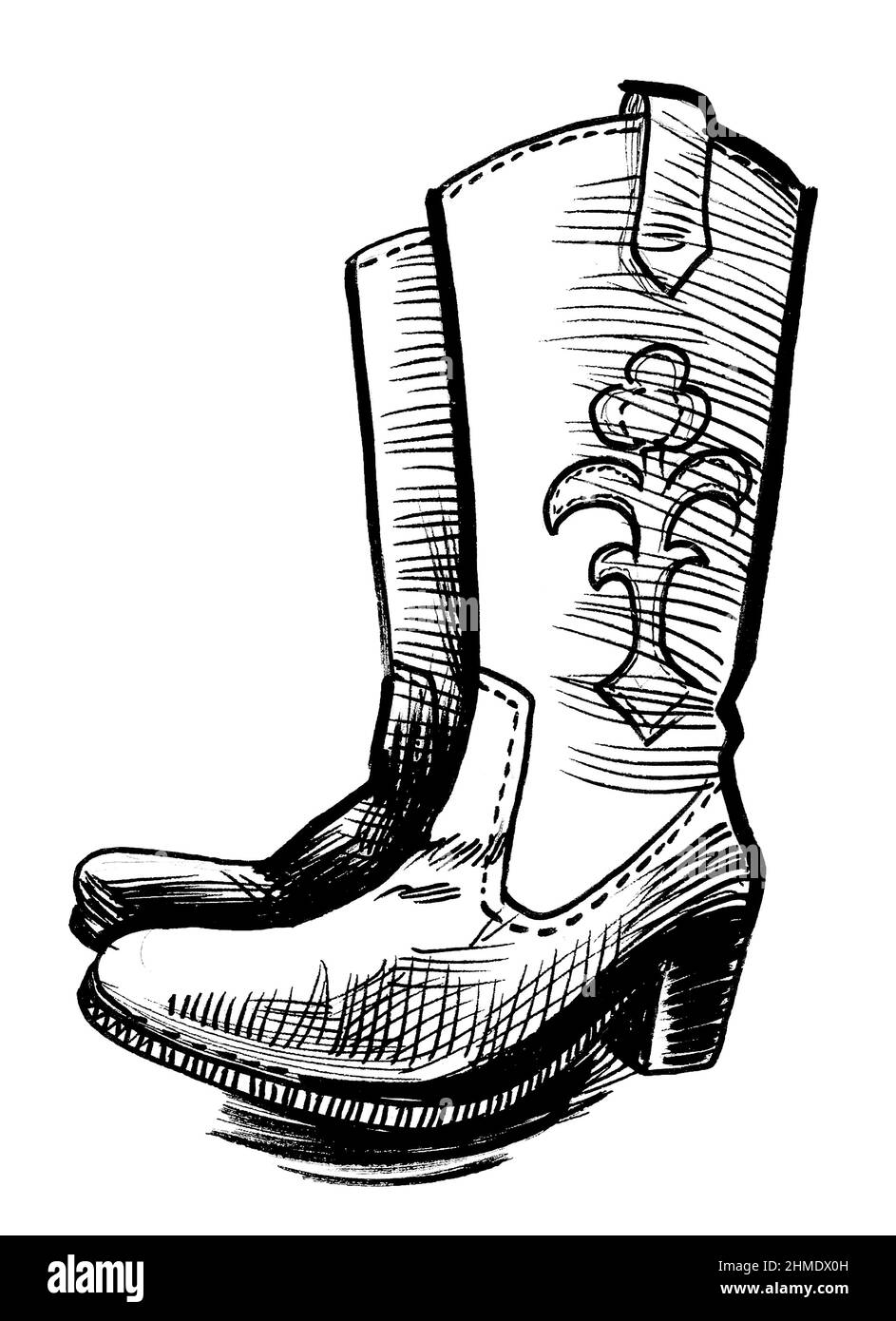 Pair of cowboy boots. Ink black and white drawing Stock Photo - Alamy