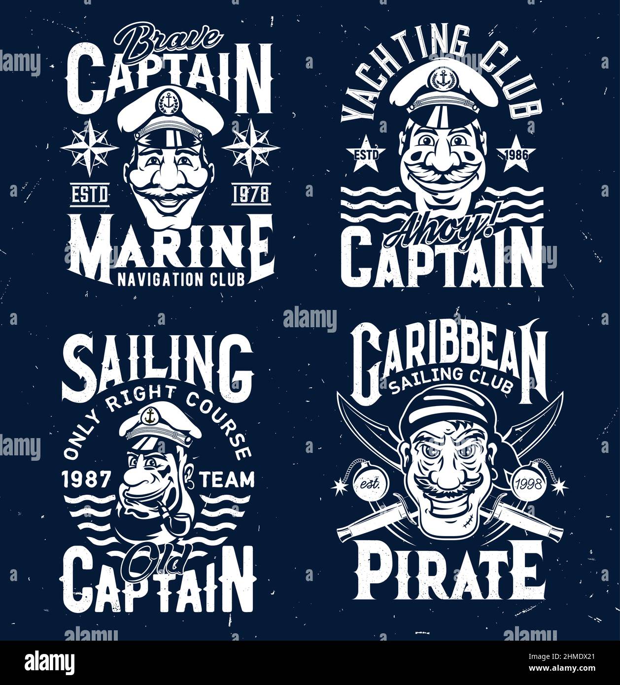Tshirt prints with pirate and captains, vector mascots for apparel ...