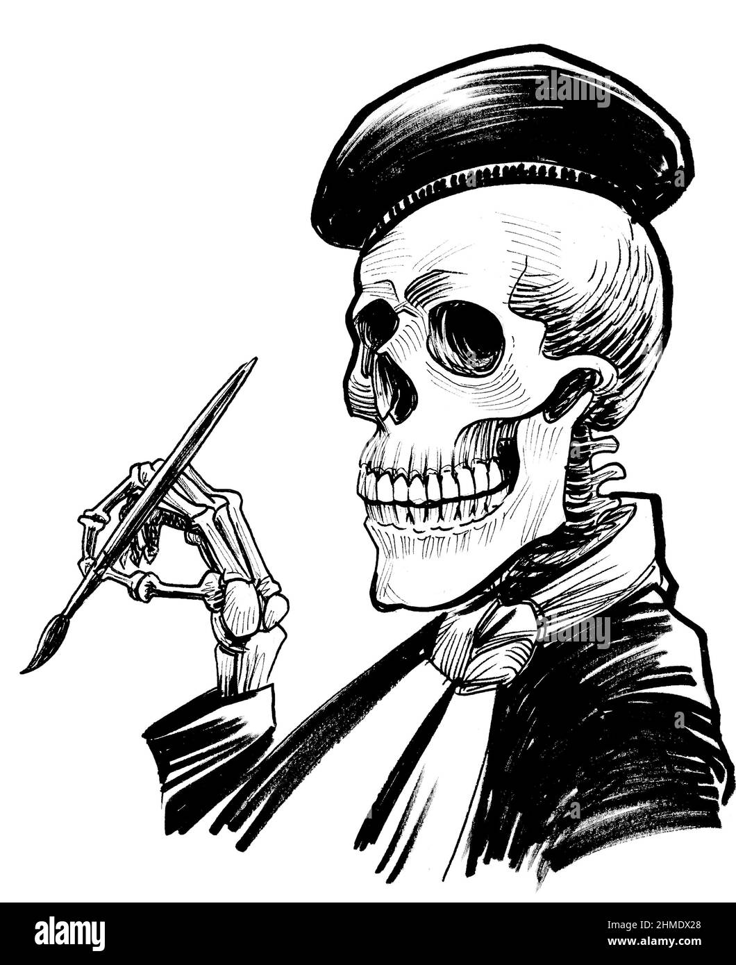 Dead artist with a brush. Ink black and white drawing Stock Photo - Alamy