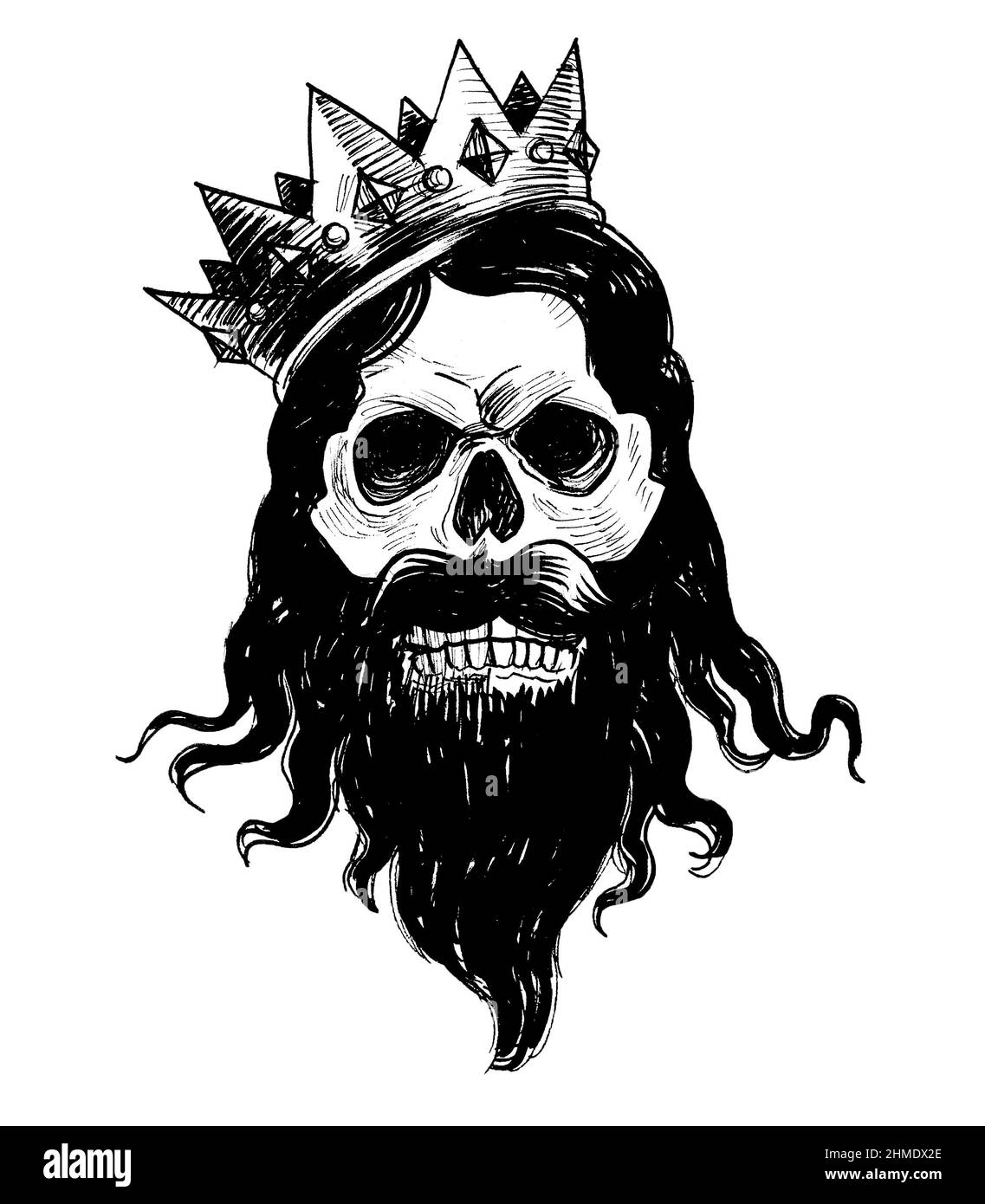 Dead king's skull in crown. Ink black and white drawing Stock Photo - Alamy