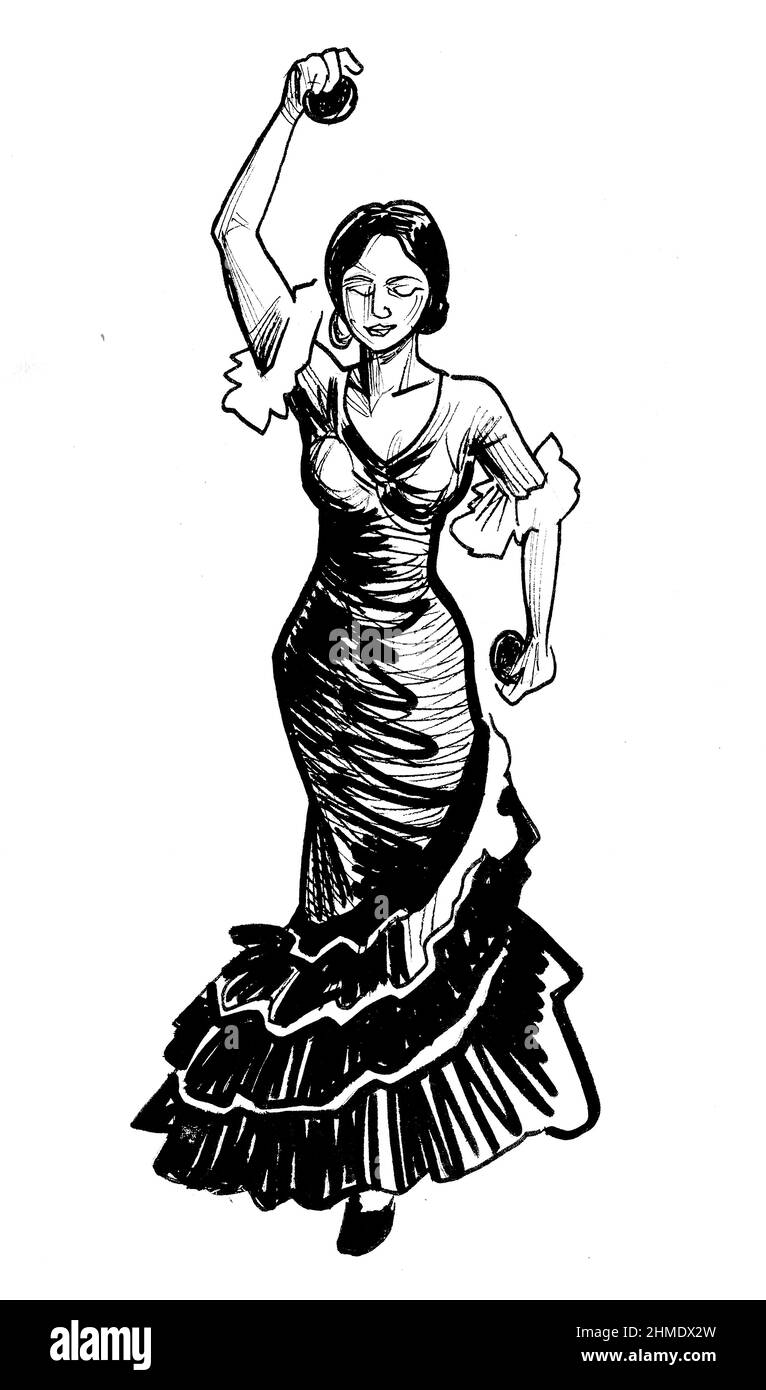 Beautiful Flamenco dancer. Ink black and white drawing Stock Photo - Alamy