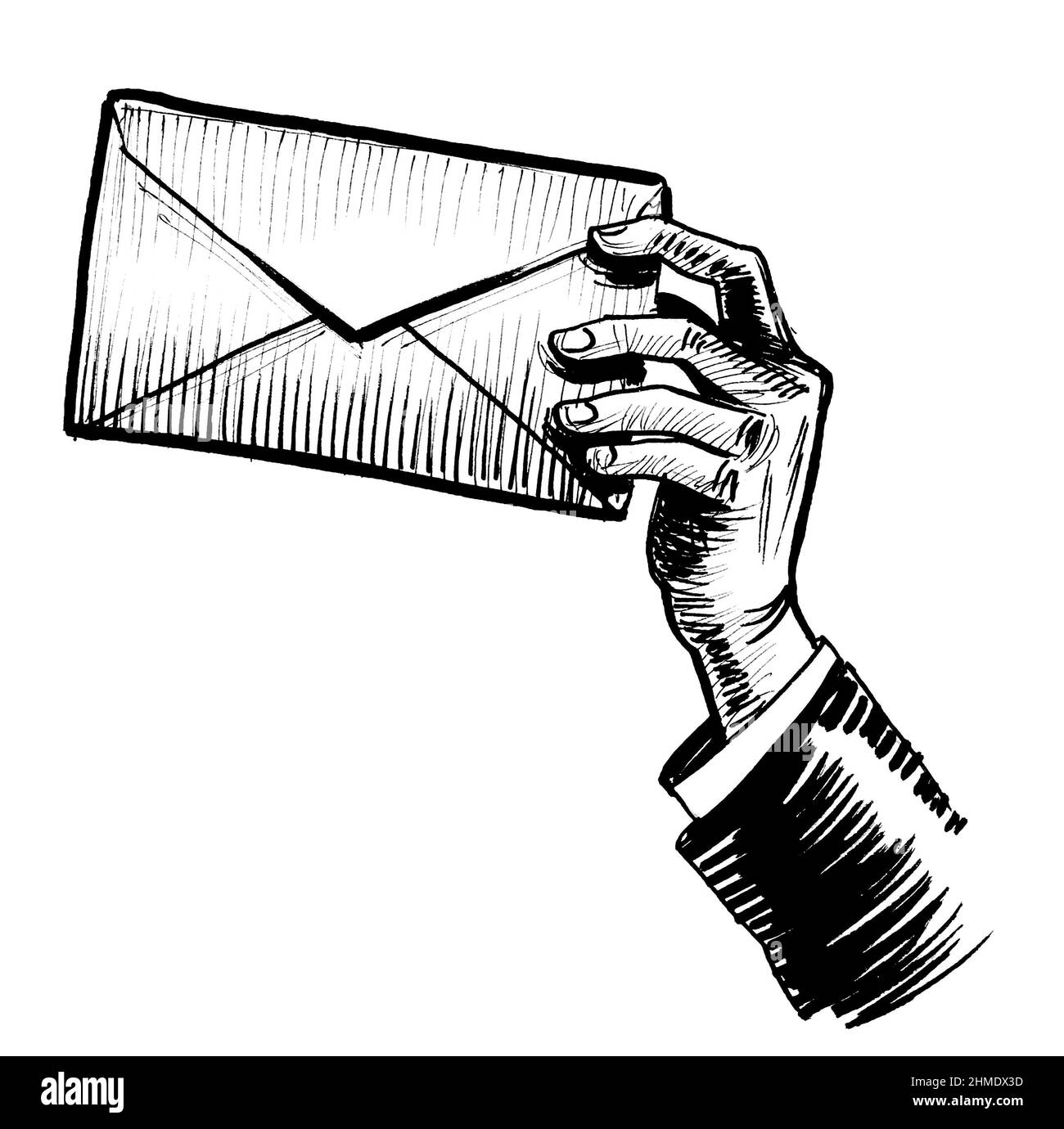 Hand holding letter. Ink black and white drawing Stock Photo - Alamy