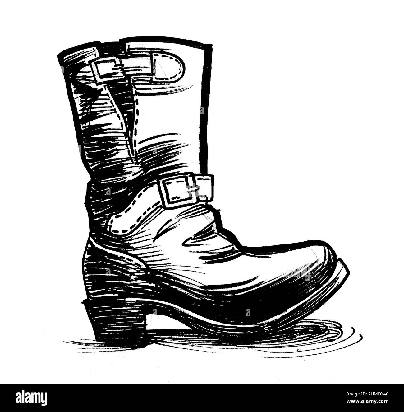 Leather boot. Ink black and white drawing Stock Photo - Alamy