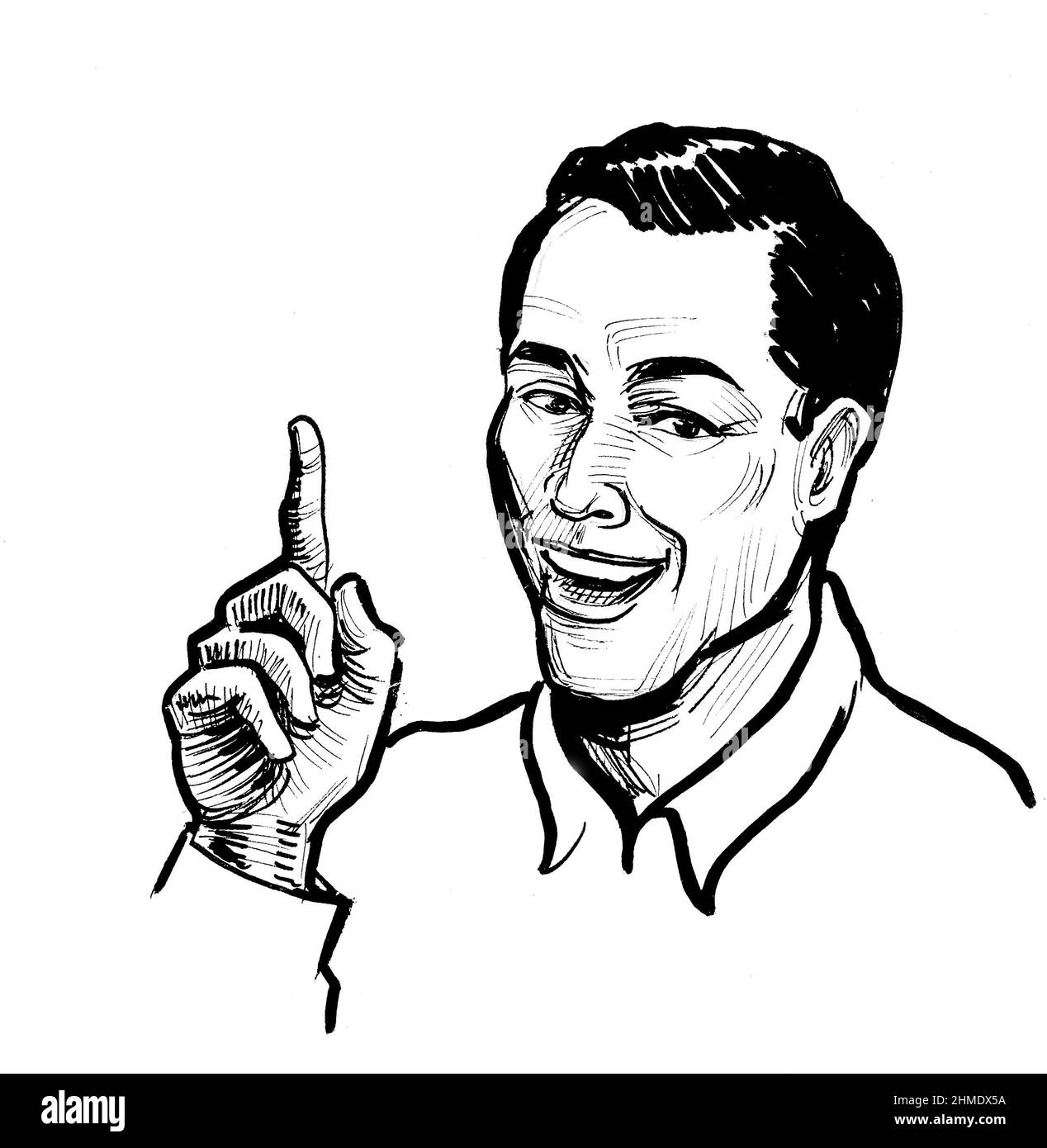 Man pointing up. Ink black and white drawing Stock Photo - Alamy