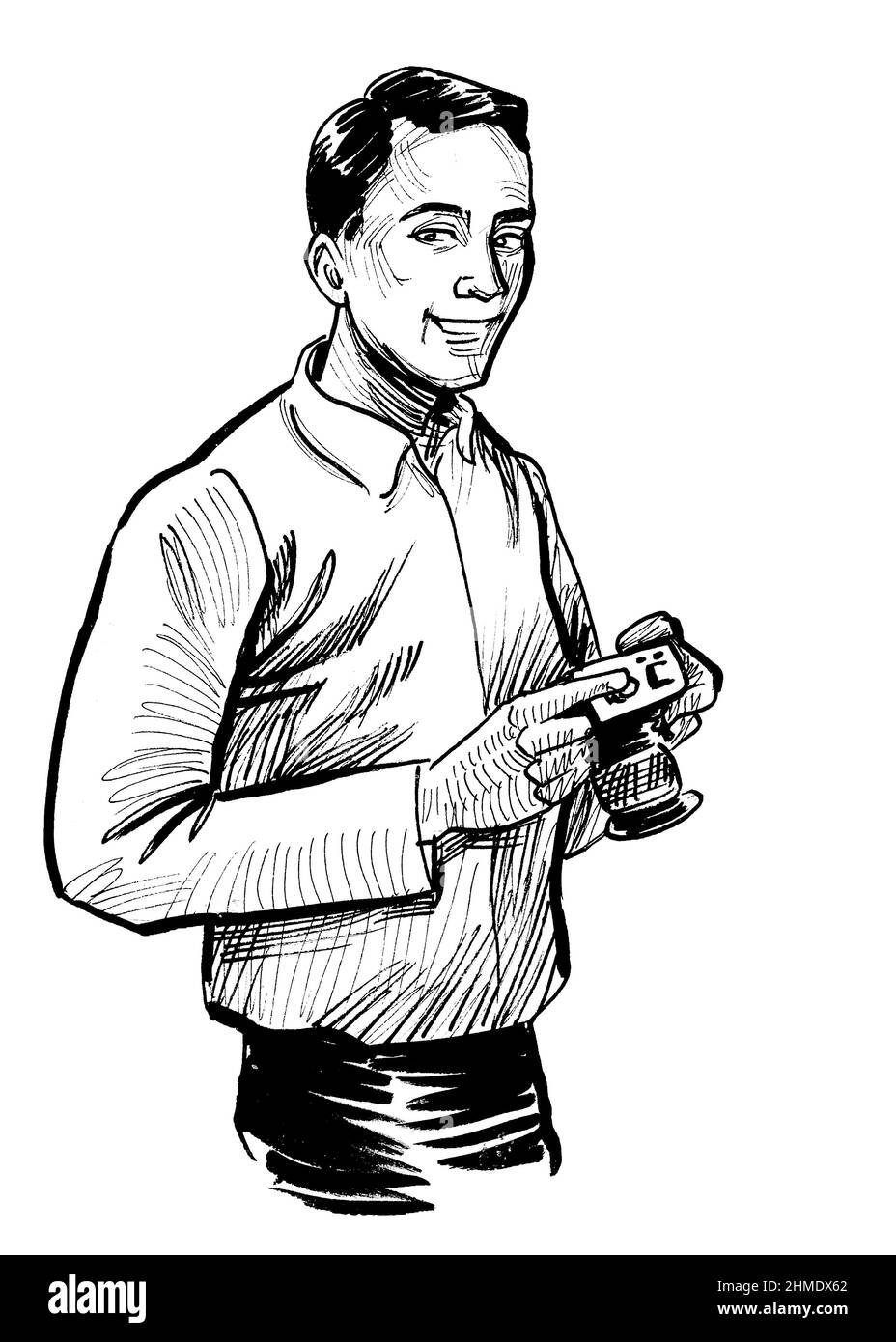 Man holding retro camera. Ink black and white drawing Stock Photo - Alamy