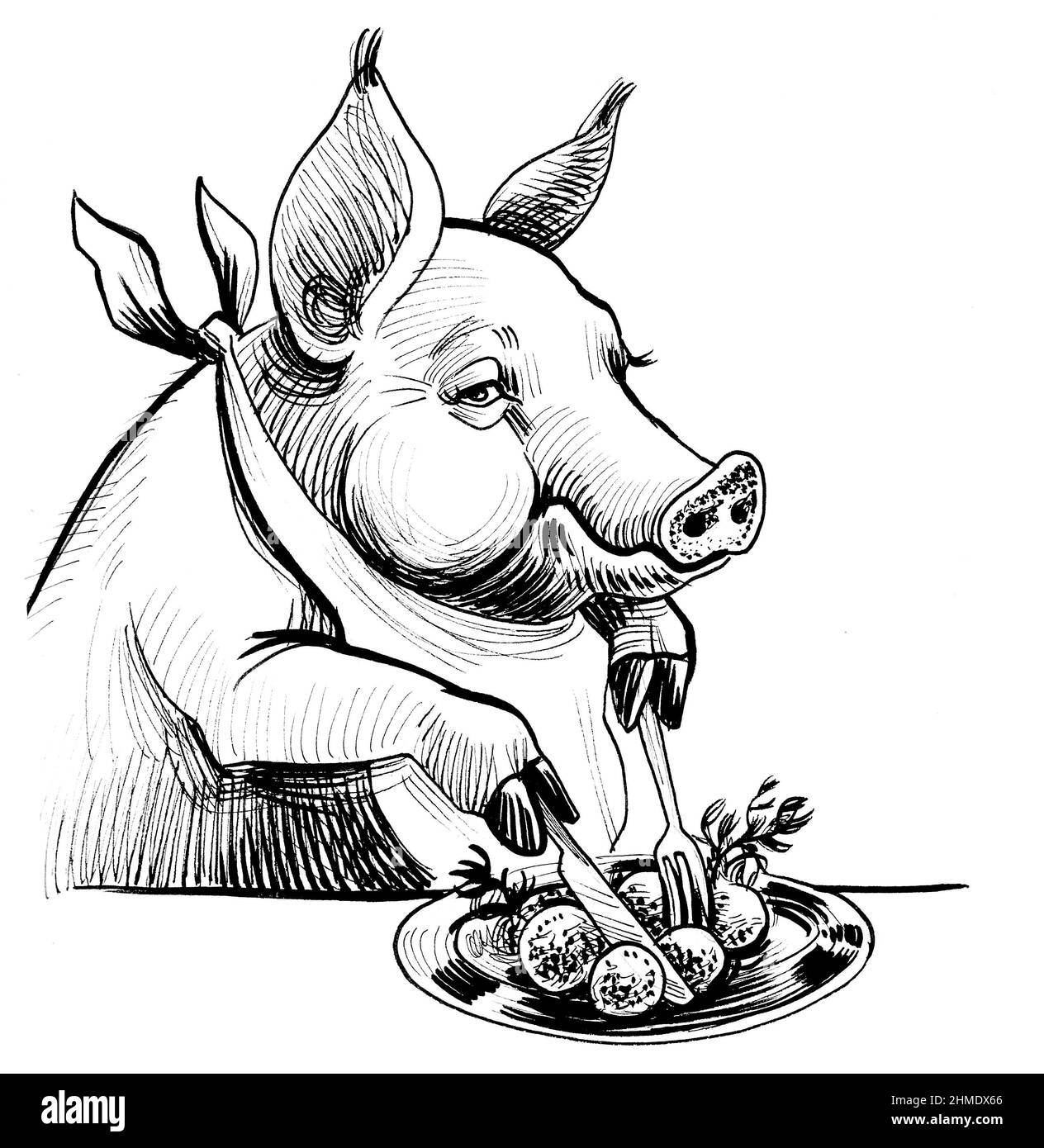 Cute pig eating meal with knife and fork. Ink black and white drawing ...