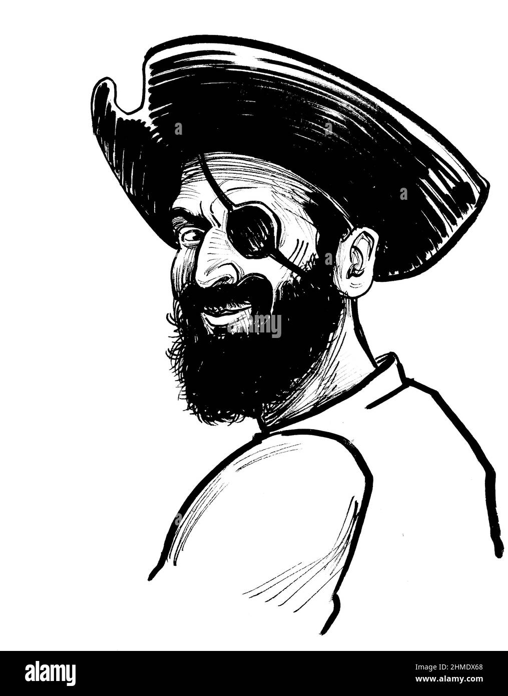 Pirate captain character with eye patch in hat. Ink black and white ...